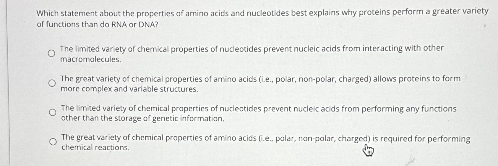 Solved Which statement about the properties of amino acids | Chegg.com