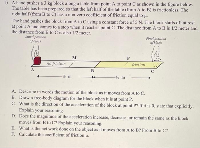 Solved 1) A hand pushes a 3 kg block along a table from | Chegg.com