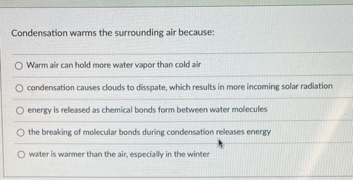 Solved Condensation warms the surrounding air because: Warm | Chegg.com
