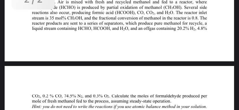 Solved Air is mixed with fresh and recycled methanol and fed | Chegg.com