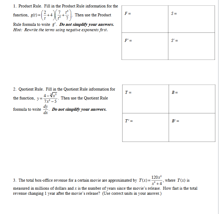 Solved 1. ﻿Fill in ﻿the product rule information about the | Chegg.com