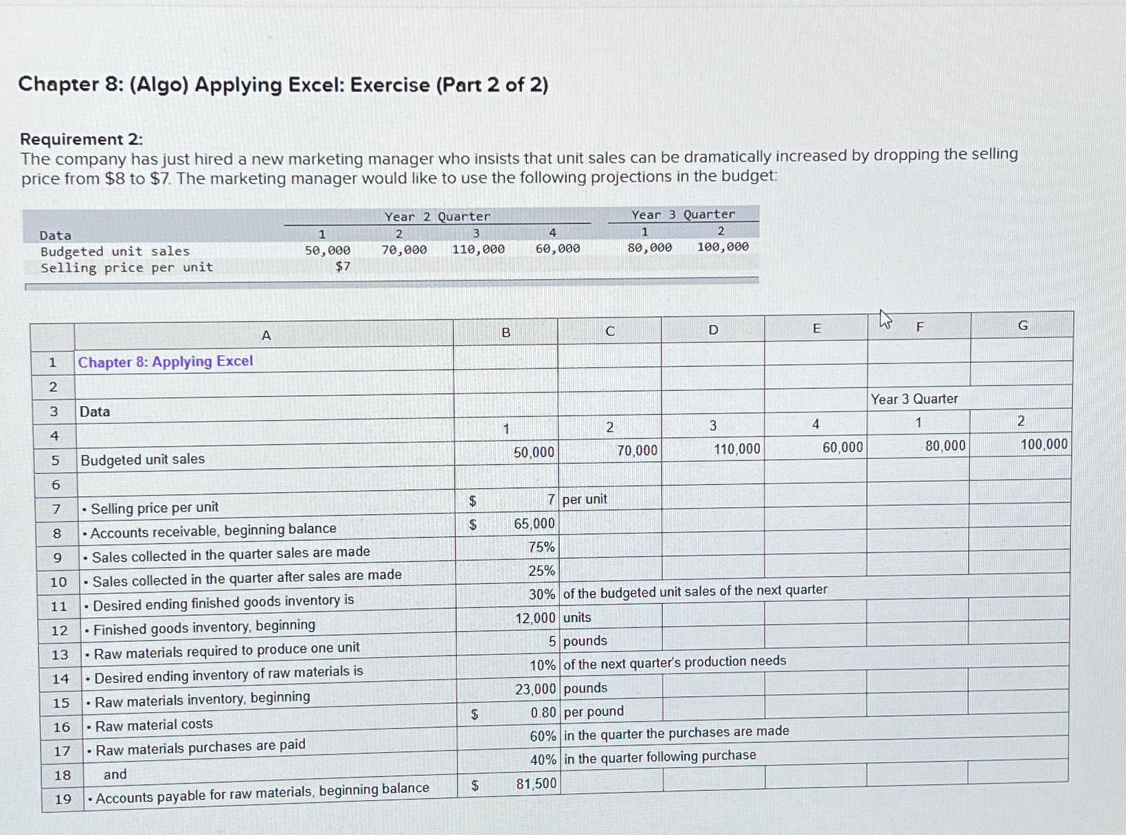 Chapter 8: (Algo) ﻿Applying Excel: Exercise (Part 2 | Chegg.com
