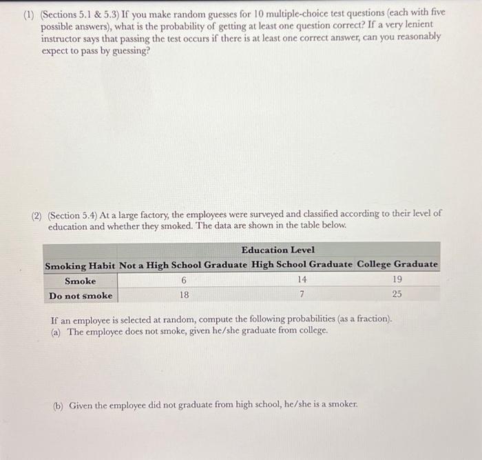 Solved (Sections 5.1&5.3 ) If you make random guesses for 10 | Chegg.com