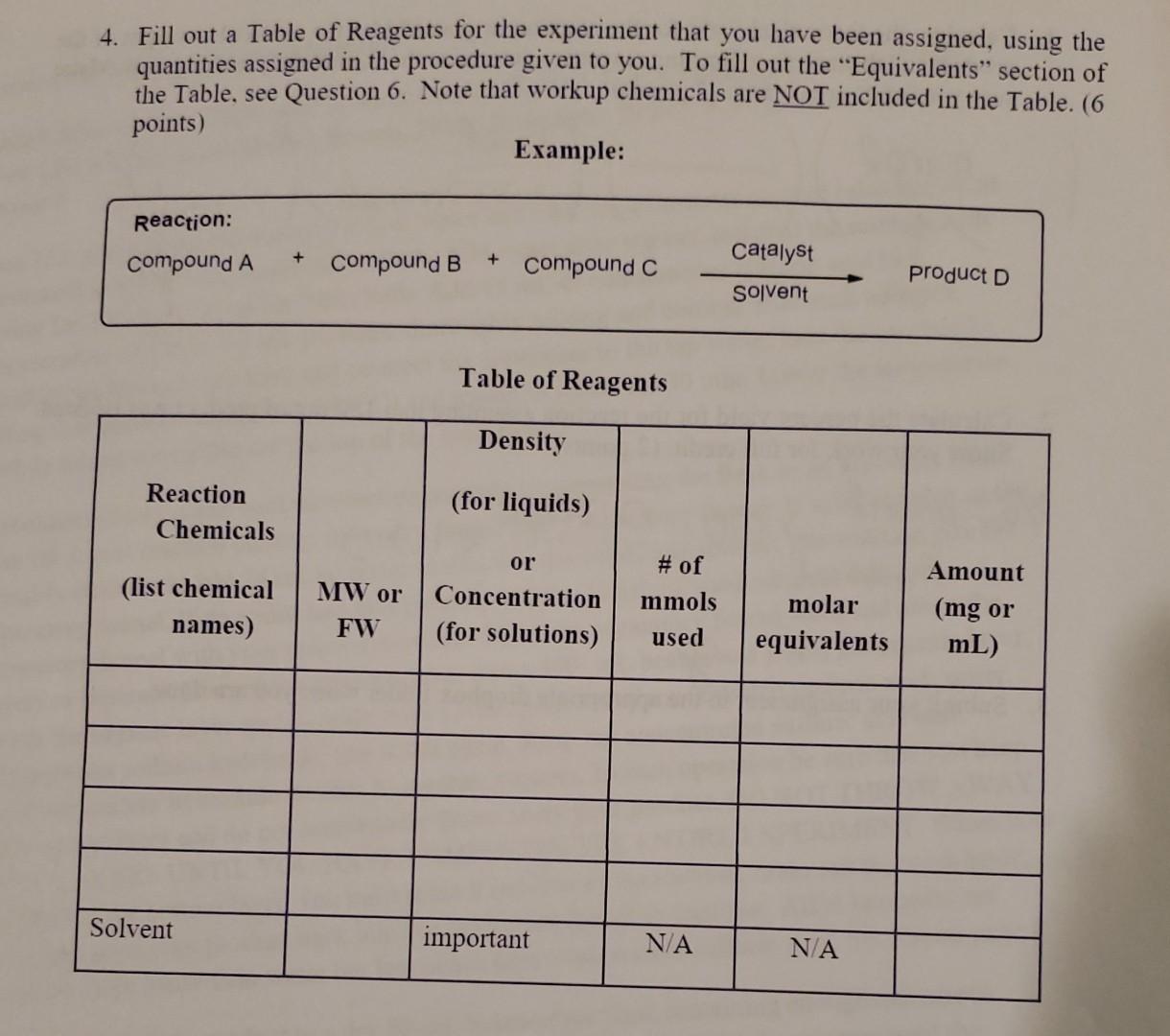 Solved 4. Fill out a Table of Reagents for the experiment | Chegg.com