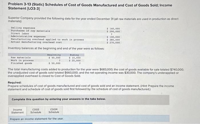 Solved Problem 3-13 (Static) Schedules of Cost of Goods | Chegg.com