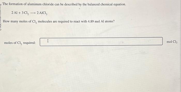 Solved The formation of aluminum chloride can be described | Chegg.com