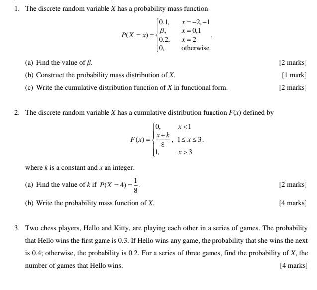 Solved 1. The discrete random variable X has a probability | Chegg.com