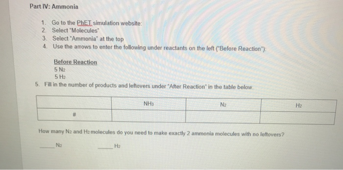Solved Part IV: Ammonia 1. Go to the PhET simulation | Chegg.com