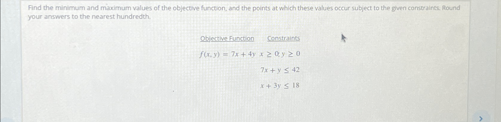 Solved Find the minimum and maximum values of the objective | Chegg.com