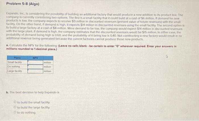 Solved Problem 5-8 (Algo) Expando, Inc. is considering the | Chegg.com