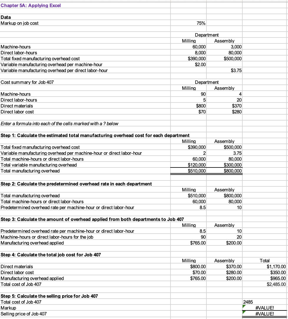 Solved \table[[Chapter 5A: Applying Excel],[Data],[Markup on | Chegg.com