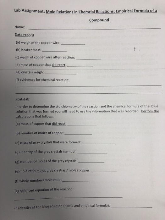 Lab Assignment: Mole Relations in Chemcial Reactions; | Chegg.com