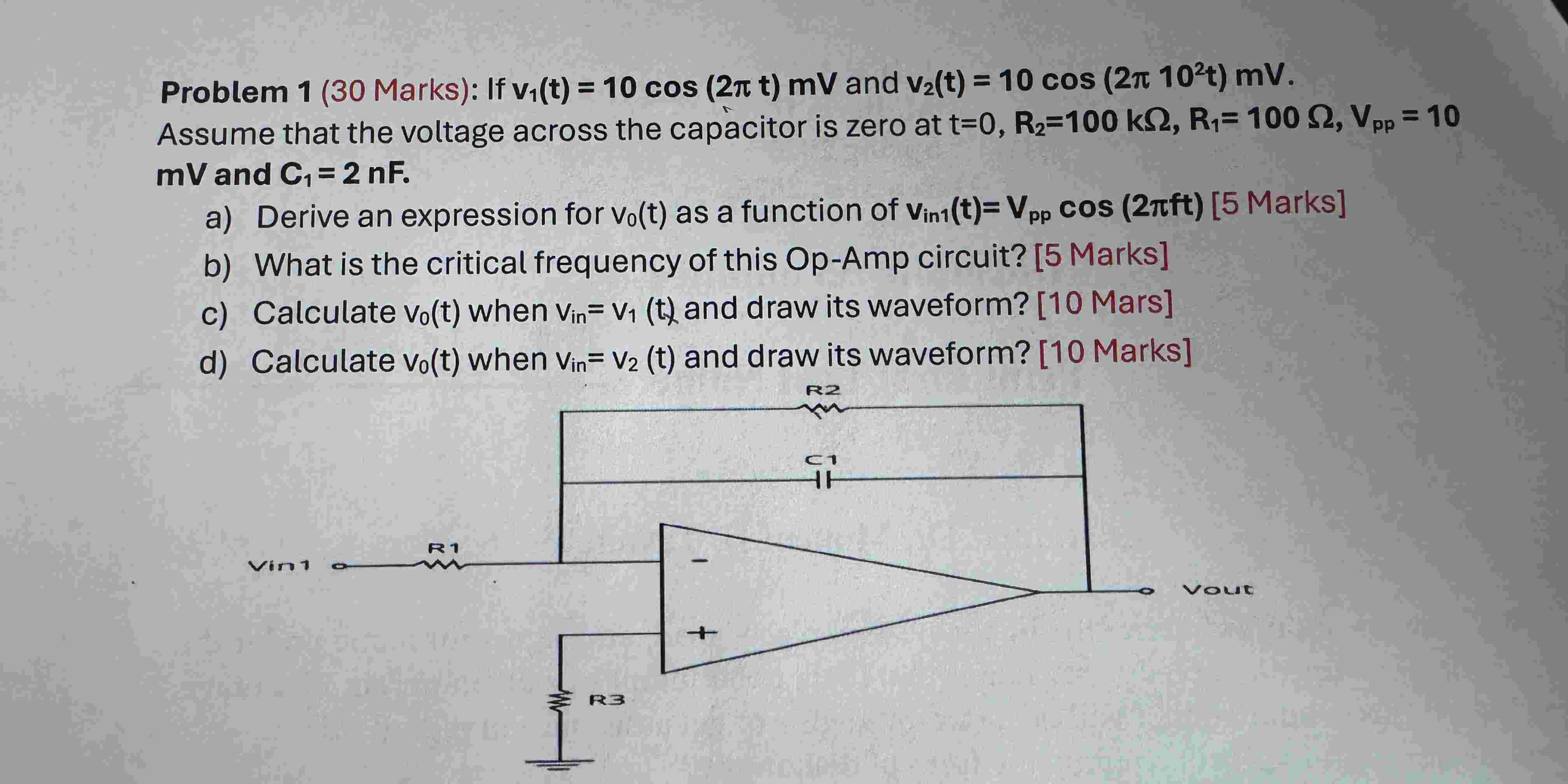 Solved If v1(t)=10cos(2πt)mV ﻿and v2(t)=10cos(2π102t)mV. | Chegg.com