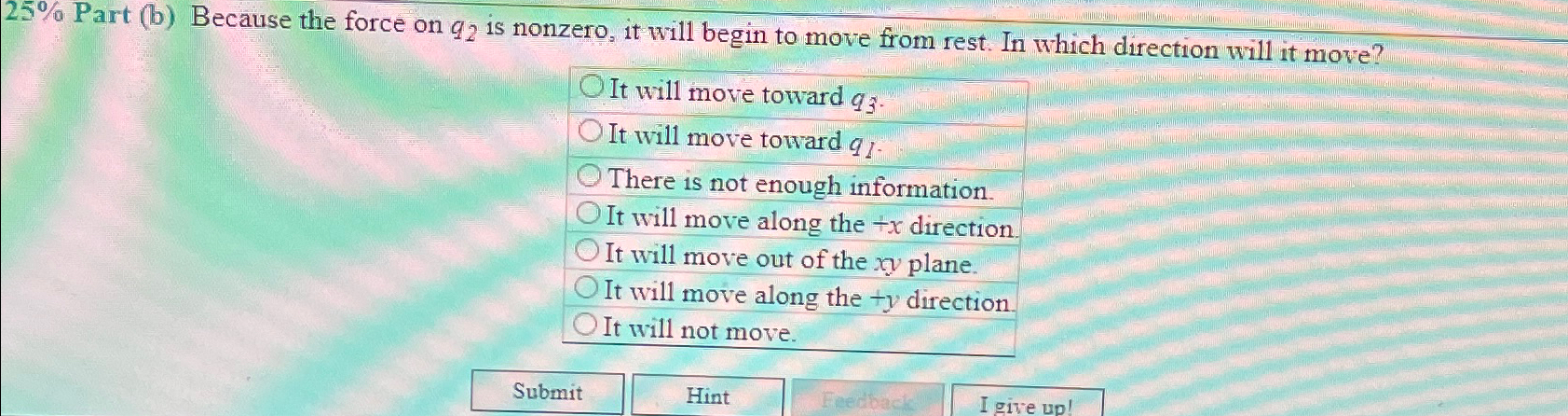 Solved 25% ﻿Part (b) ﻿Because the force on q2 ﻿is nonzero, | Chegg.com