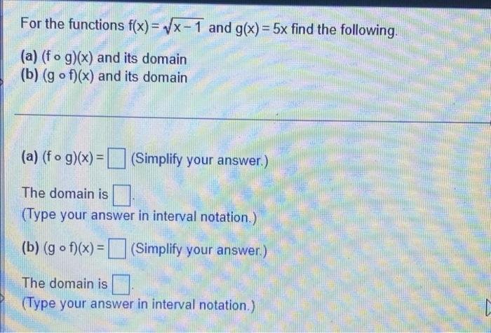 Solved For the functions f(x)=√x-1 and g(x) = 5x find the | Chegg.com