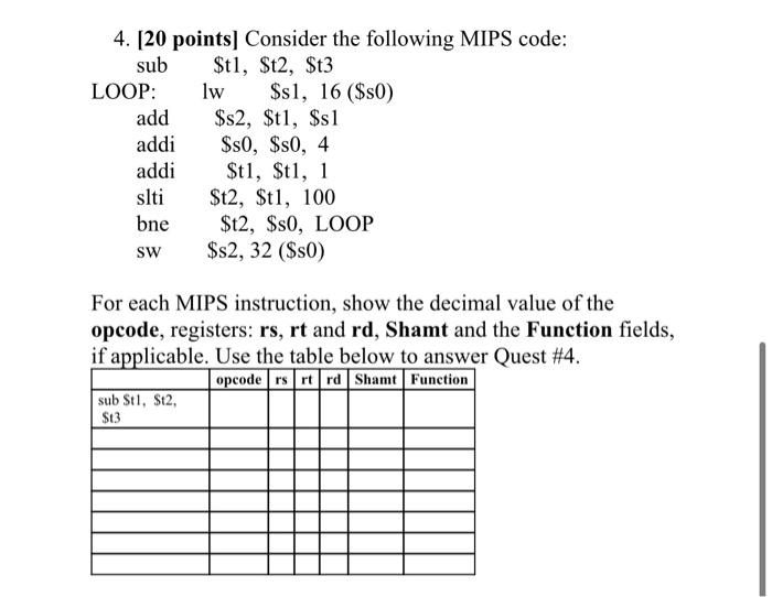 Solved 4. [20 points) Consider the following MIPS code: sub | Chegg.com