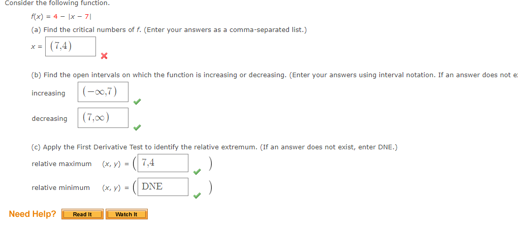 Solved Consider the following function. f(x)=4−∣x−7∣ (a) | Chegg.com