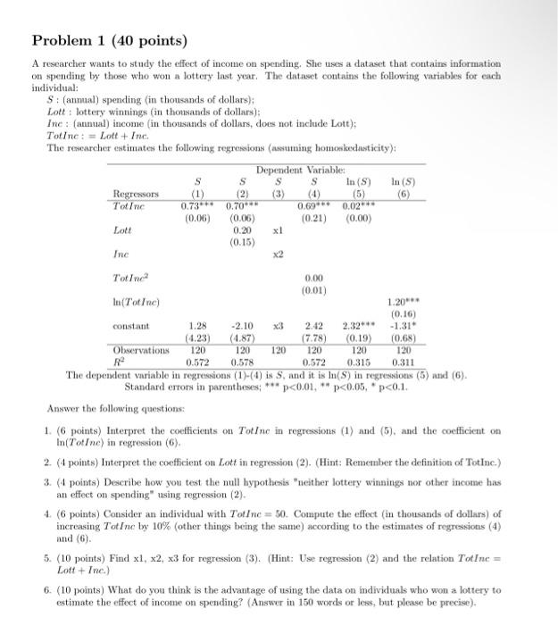 Solved Problem 1 (40 points) A researcher wants to study the | Chegg.com