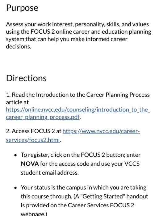 Purpose Assess your work interest, personality, | Chegg.com