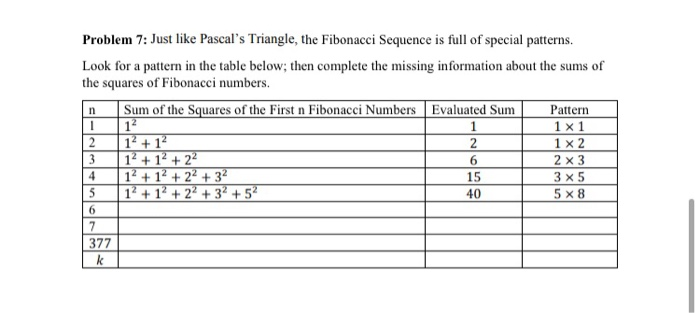 Solved Problem 7: Just like Pascal's Triangle, the Fibonacci | Chegg.com