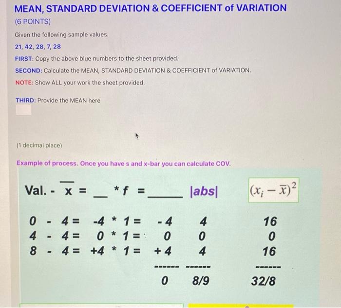 Solved Mean Standard Deviation And Coefficient Of Variation