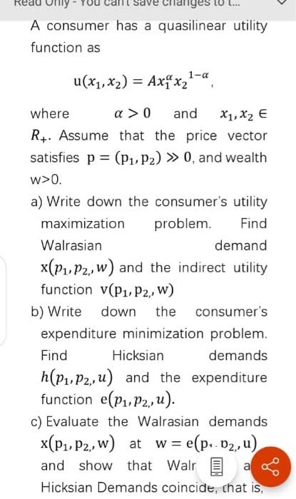 Solved Read on A consumer has a quasilinear utility function | Chegg.com