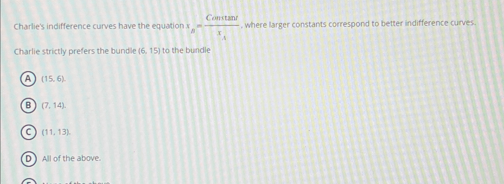 Solved Charlie's indifference curves have the equation | Chegg.com