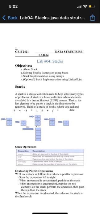 Objectives: 1. About Stack 2. Solving Postfix | Chegg.com