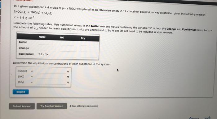 Solved In a given experiment 4.4 moles of pure NOCl was | Chegg.com