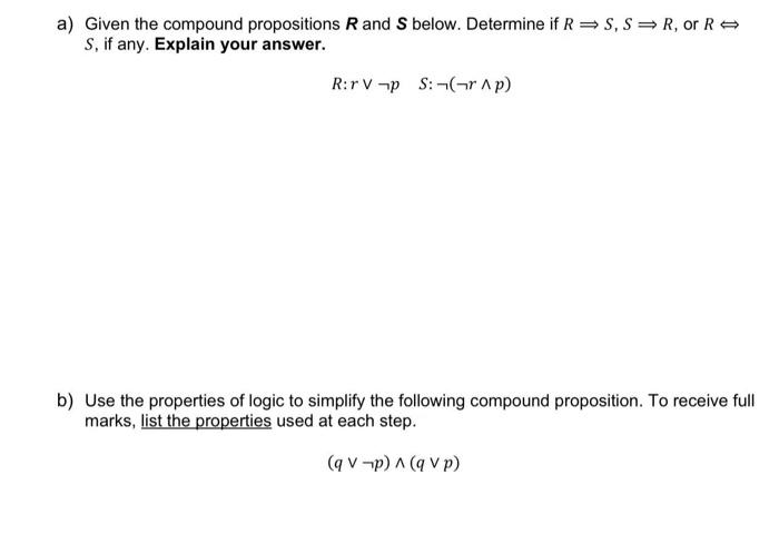 Solved a) Given the compound propositions and below. | Chegg.com