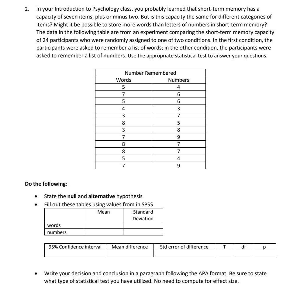 Solved 2. In your Introduction to Psychology class, you | Chegg.com