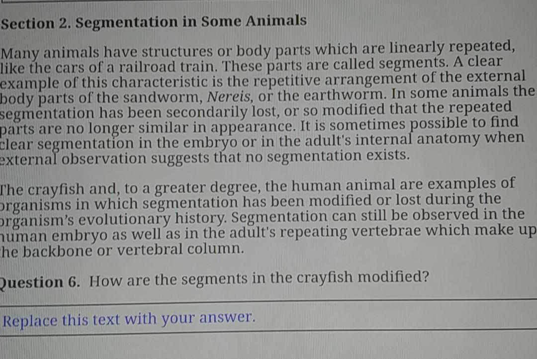 Solved Section 2. Segmentation in Some Animals Many animals | Chegg.com