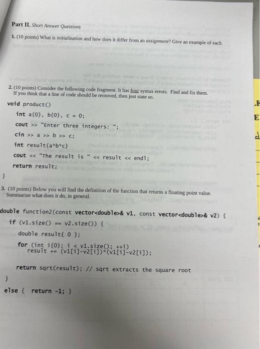 Solved Part II. Short Answer Questions 1. (10 points) What | Chegg.com