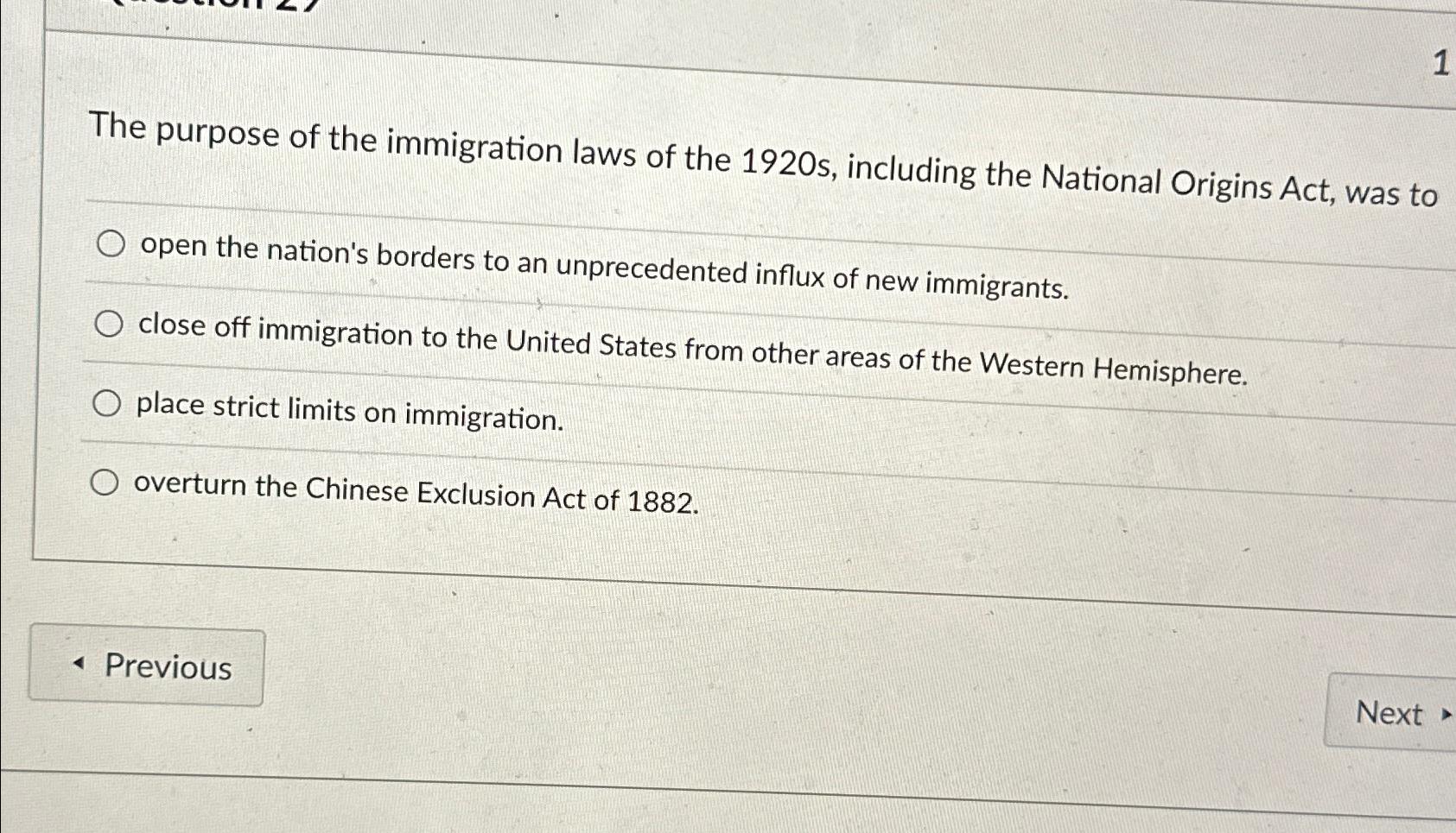 Solved The purpose of the immigration laws of the 1920s, | Chegg.com