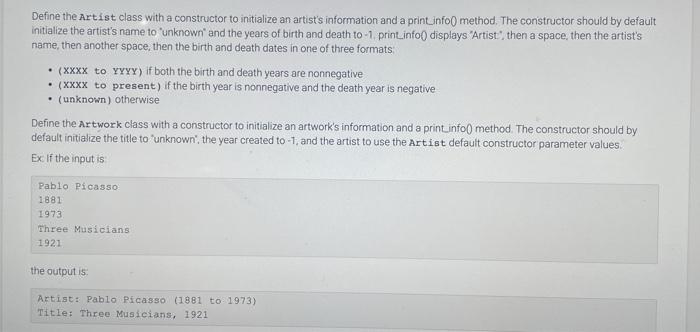 Solved Define the Artist class with a constructor to | Chegg.com