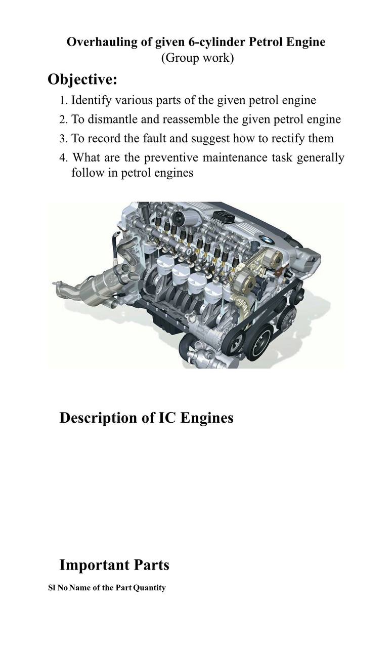 Solved Overhauling of given 6-cylinder Petrol Engine(Group | Chegg.com