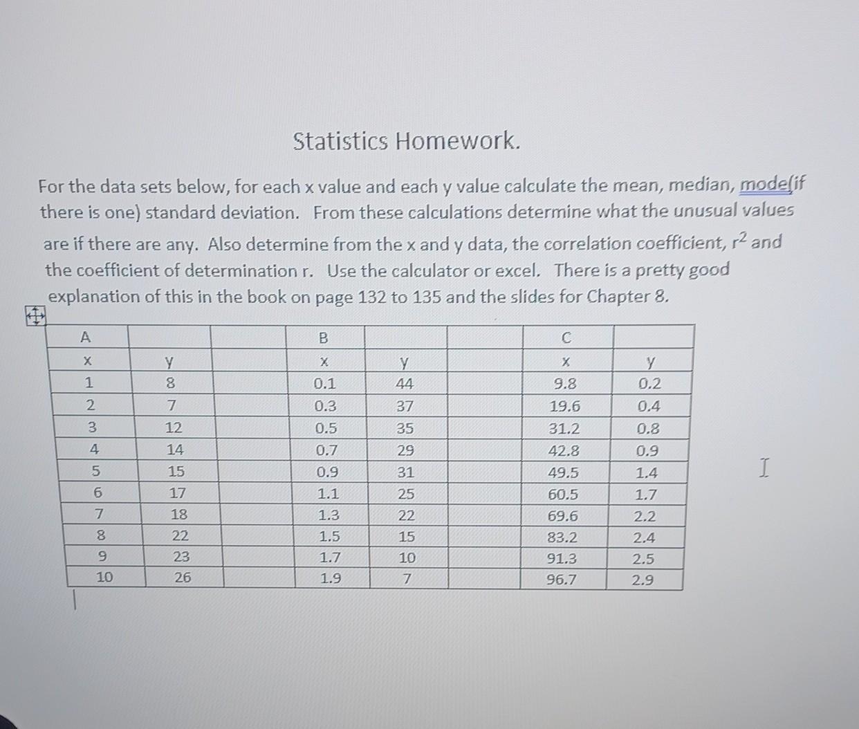 Solved For the data sets below, for each x value and each y | Chegg.com
