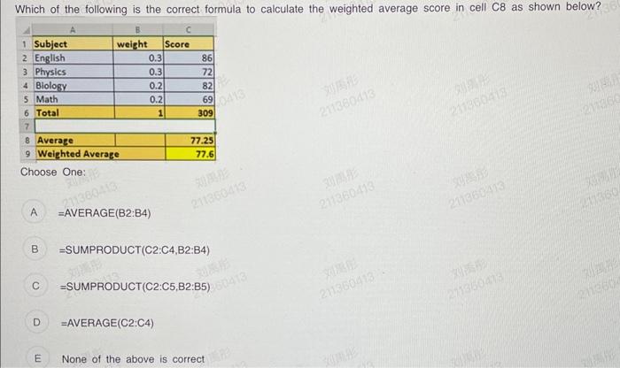 Solved Choose One: =AVERAGE (B2:B4) =SUMPRODUCT (C2:C4, | Chegg.com