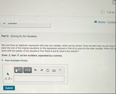 Solved 7 ﻿of 10Beview I ConstarPart C - ﻿Solving for the | Chegg.com
