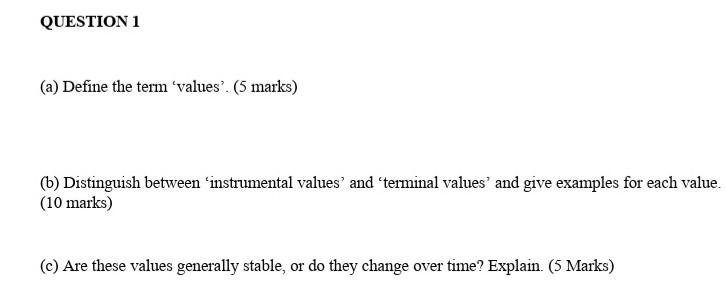 Solved QUESTION 1 (a) Define the term 'values'. (5 marks) | Chegg.com