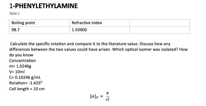 Solved 1-PHENYLETHYLAMINE Table 1 Calculate the specific | Chegg.com
