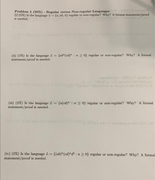 Solved Problem 5 (20%) - Regular versus Non-regular | Chegg.com
