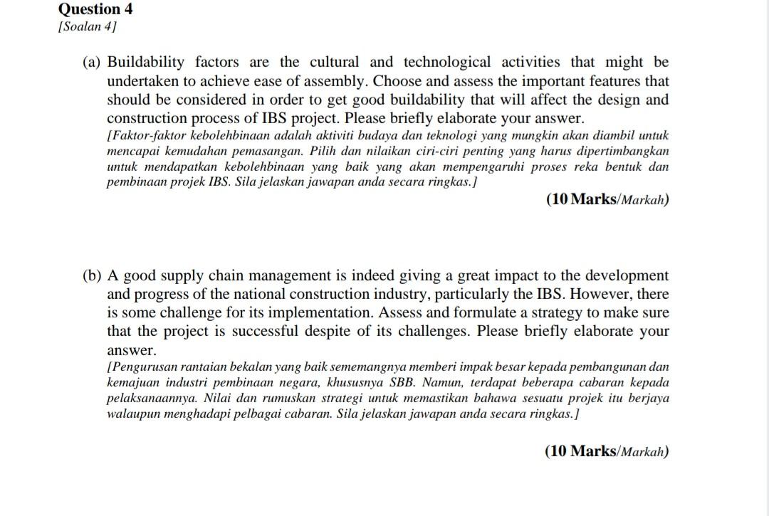 Solved Question 4 (Soalan 4] (a) Buildability factors are | Chegg.com