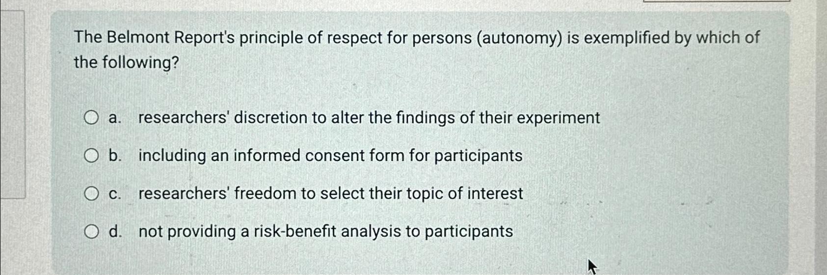 Solved The Belmont Report's principle of respect for persons | Chegg.com