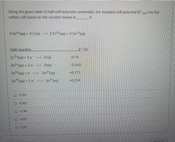 Solved Using the given table of half-cell reduction | Chegg.com