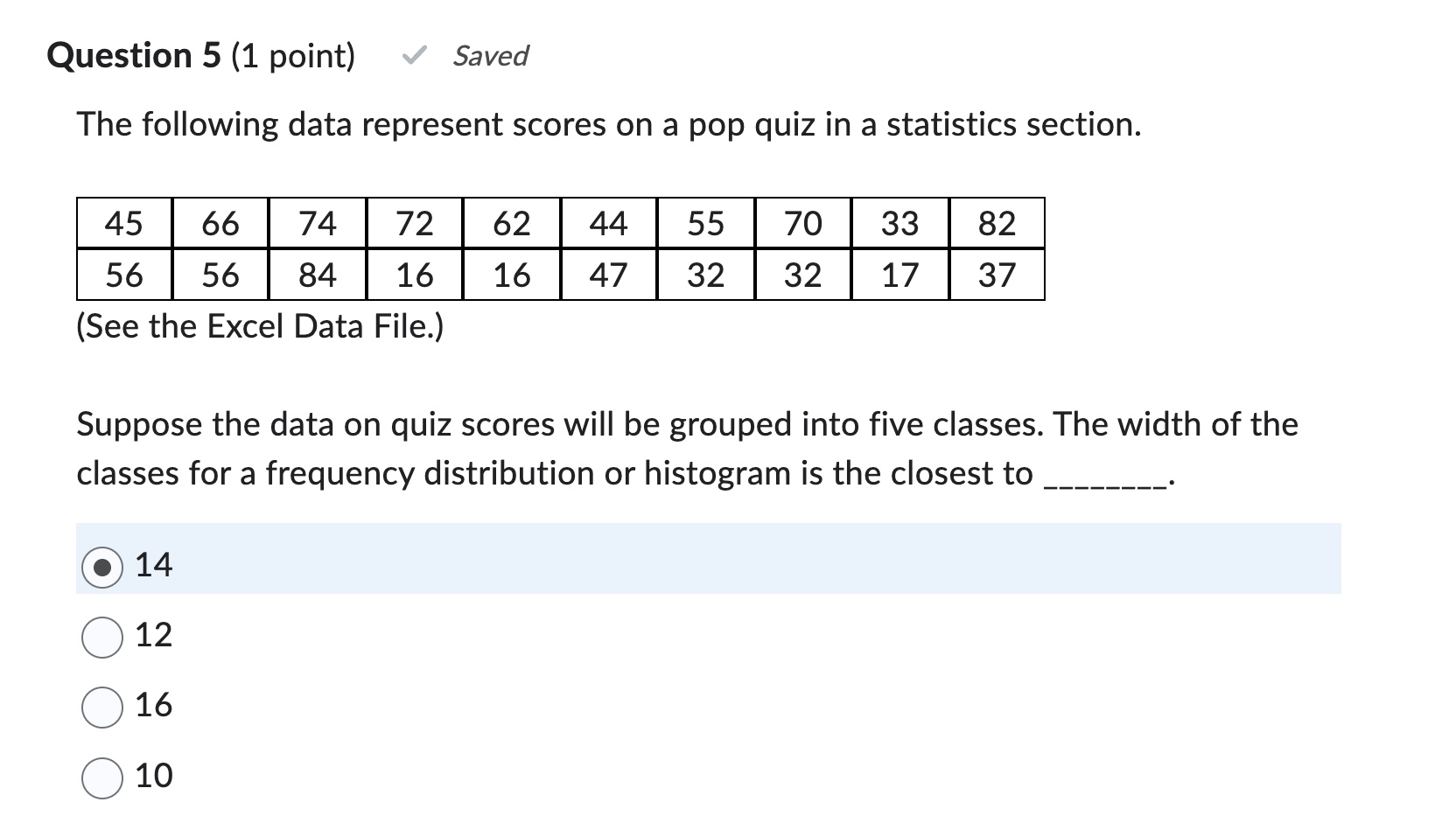 Solved Question 5 (1 ﻿point)The following data represent | Chegg.com
