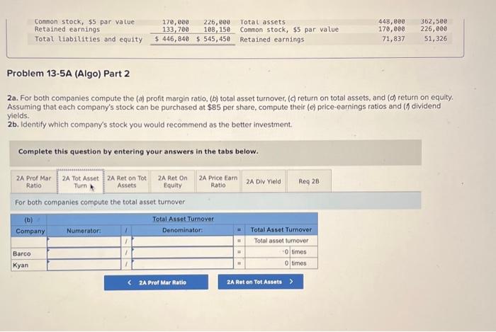 Solved Problem 13-5A (Algo) Comparative ratio analysis LO P3 | Chegg.com