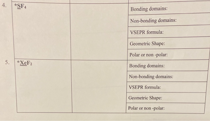 Solved 4. *SF4 Bonding domains: Non-bonding domains: VSEPR | Chegg.com
