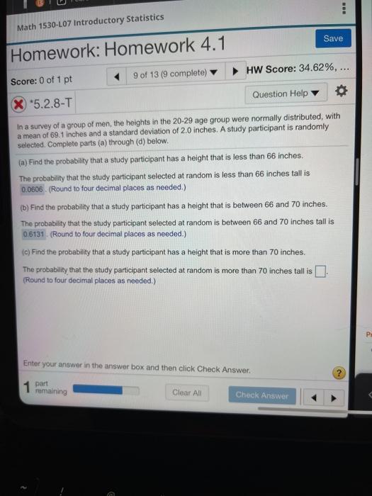 Solved Math 1530-L07 Introductory Statistics Save Homework: | Chegg.com