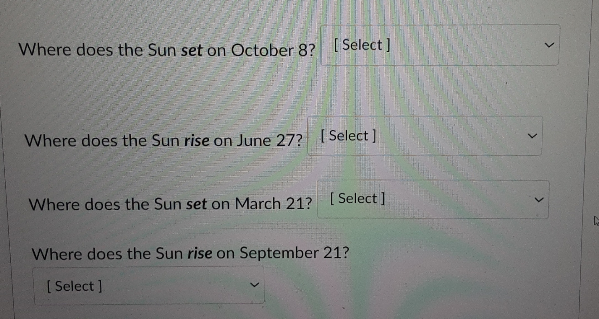 Solved Where does the Sun set on October 8?Where does the | Chegg.com